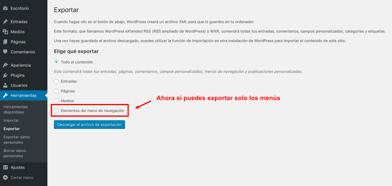 Como exportar e importar los menús personalizados de WordPress @ Ayuda WordPress